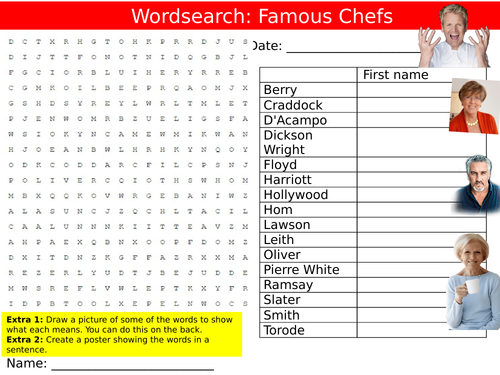 Famous Chefs Wordsearch Puzzle Sheet Keywords Settler Starter Cover ...