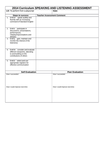 KS1/2 Speaking and Listening Record Sheet (2014 Curriculum) | Teaching ...
