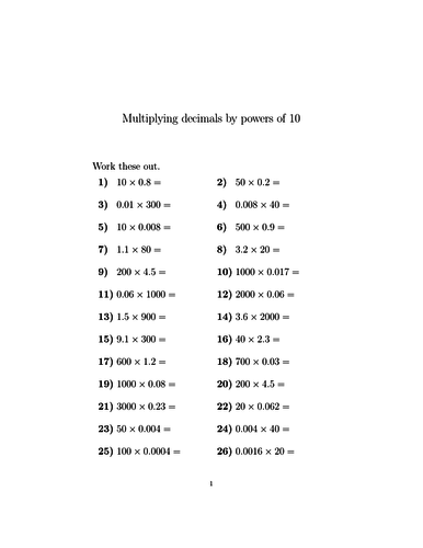 Multiplying decimals by powers of 10 worksheet (with answers ...