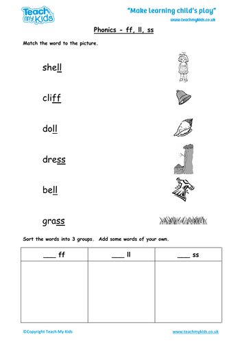 Phonics - 'ff', 'll', 'ss, Words, Match the Pictures, Write the Words ...