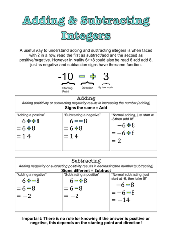 Operations with Integers (Positive Negative Adding subtracting ...