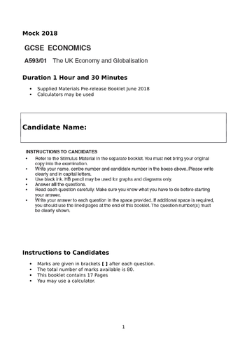 OCR GCSE Economics 593 Mock 2018 | Teaching Resources