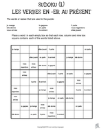 French regular -ER verbs present tense sudoku games | Teaching Resources