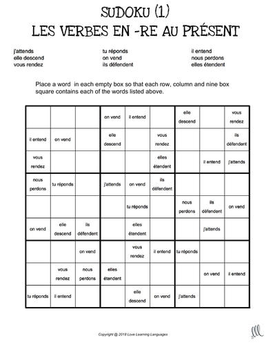 French regular -RE verbs present tense sudoku games | Teaching Resources