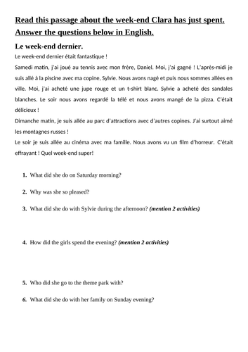 Le week-end dernier (introduction to the perfect tense) | Teaching ...