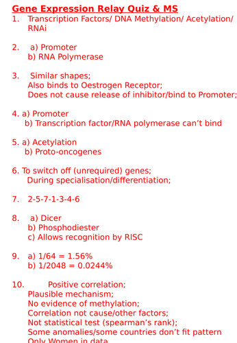 Gene Expression Class Quiz and Markscheme - siRNA, epigenetics ...