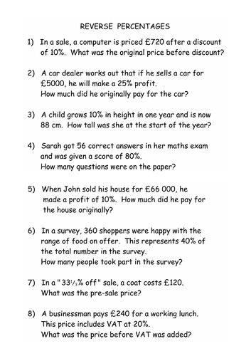 Percentages (including Reverse Percentages) | Teaching Resources