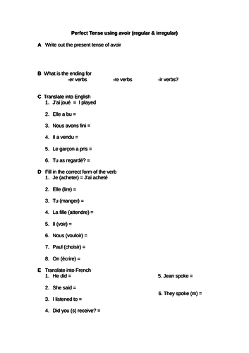 French Grammar Perfect Tense using avoir | Teaching Resources