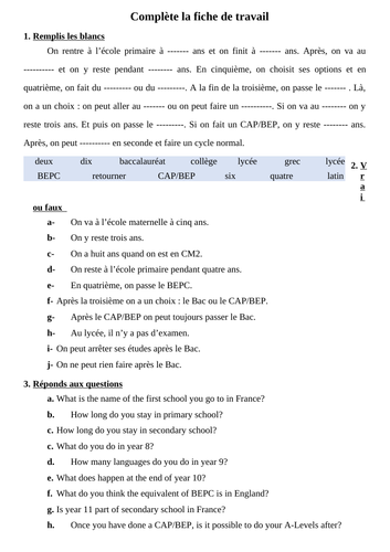 Le système scolaire en France | Teaching Resources