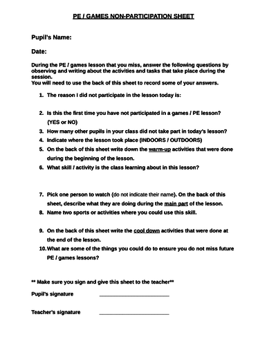 Non-Participant task sheets in PE | Teaching Resources