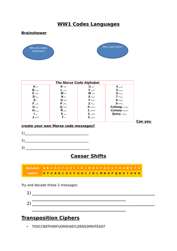 WWI Activities week Code and language Activity | Teaching Resources