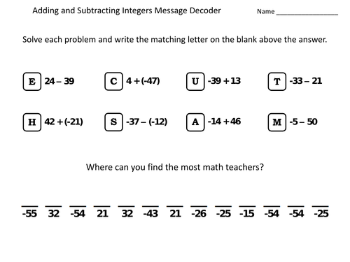 Adding and Subtracting Integers Activity: Math Message Decoder ...