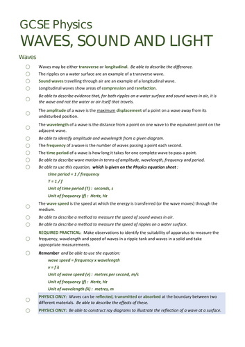 WAVES unit summary/checklist for AQA GCSE Physics | Teaching Resources WAVES unit summary/checklist for AQA GCSE Physics | Teaching Resources