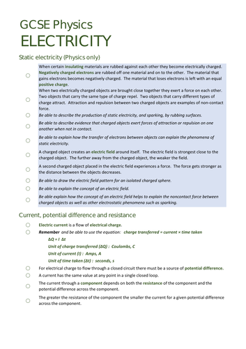 ELECTRICITY unit summary/checklist for AQA GCSE Physics | Teaching ... ELECTRICITY unit summary/checklist for AQA GCSE Physics | Teaching ...