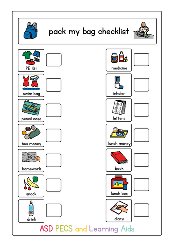 Back to School School Bag Checklist - Boardmaker Visual Aids for Autism ...