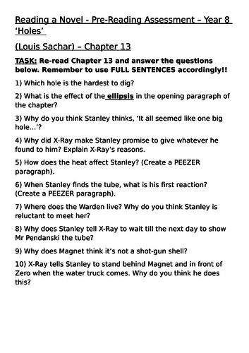 ‘Holes’ by Louis Sachar - Pre - Reading Assessment - Chapter 13 ...