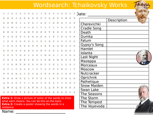 Tchaikovsky Works Wordsearch Puzzle Sheet Keywords Settler Starter ...