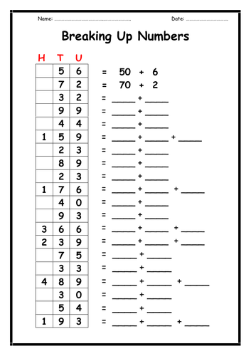 Partition 2, 3 and 4-digit numbers (3 differentiated worksheets ...