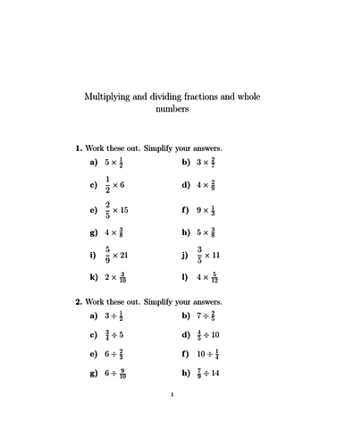 Multiplying and dividing fractions and whole numbers worksheet (with ...
