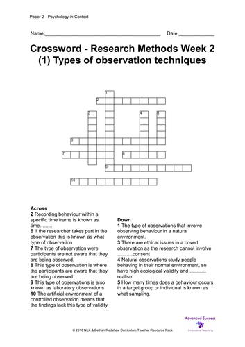 Activity - Crossword - Research Methods - Week 2 (1) Types of ...