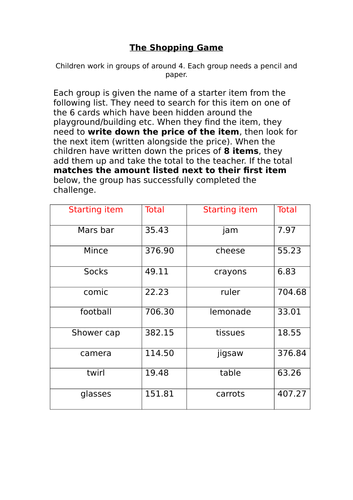 The Shopping Game - Fun maths-based whole-class challenge, can be used ...
