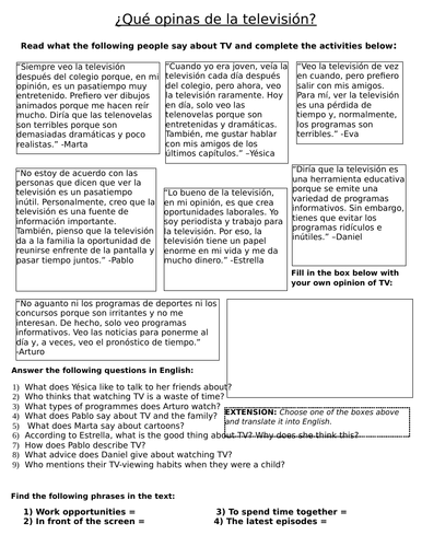 GCSE: TV (opinions, reasons, descriptions, comparisons) | Teaching ...