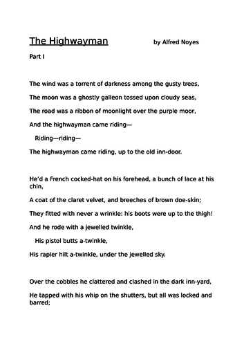 The Highwayman - Alfred Noyes - comprehension questions | Teaching ...