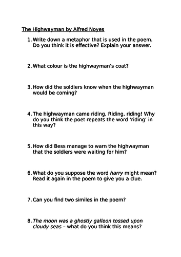 The Highwayman - Alfred Noyes - comprehension questions | Teaching ...