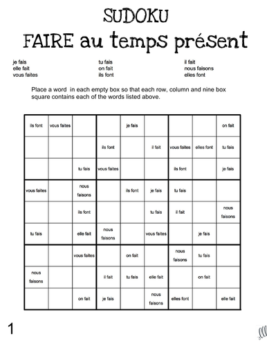 French verb faire present tense sudoku games - Le verbe faire au temps ...