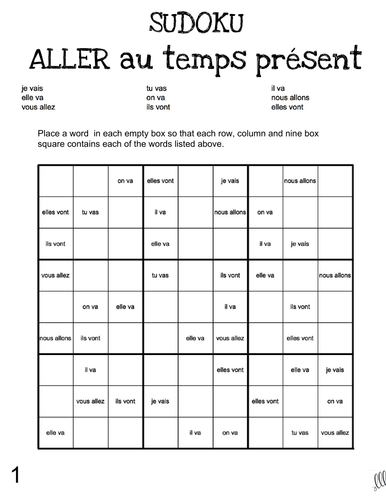 French verb aller present tense sudoku games - Le verbe aller au temps ...