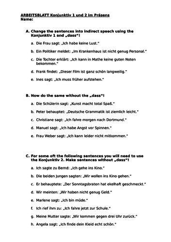 Indirect Speech in German with Konjunktiv 1 and 2 | Teaching Resources