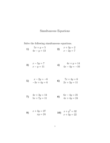 Simultaneous equations worksheet (with solutions) | Teaching Resources