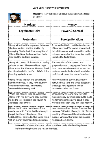 Worksheet & Card Sort: How did Henry VII solve his problems? | Teaching ...