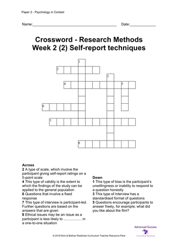 Activity - Crossword - Research Methods - Week 2 (2) Self Report ...