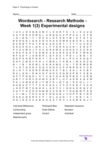 Activity - Wordsearch - Research Methods - Week 1 (3) Experimental ...