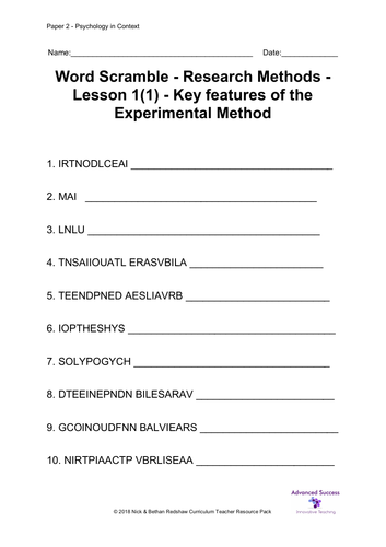 Activity - Word Scramble - Research Methods - Week 1 (1) Key features ...