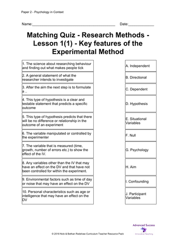 Activity - Matching Game - Research Methods - Week 1 (1) Key features ...
