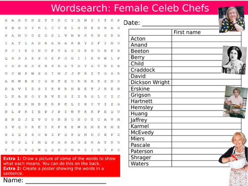 Female Celebrity Chefs Wordsearch Puzzle Sheet Keywords Settler Starter ...