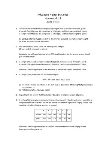 AH Statistics - Homework | Teaching Resources