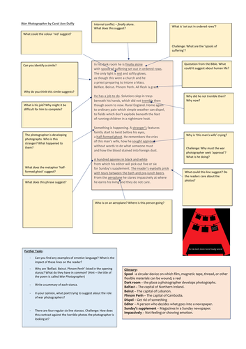 War Photographer by Duffy - GCSE Worksheet (AQA Poetry - Power and ...