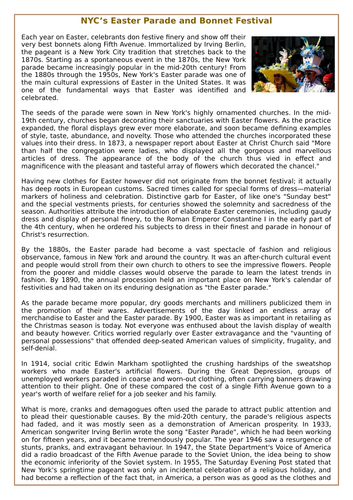 NYC’s Easter Parade and Bonnet Festival - Reading Comprehension ...