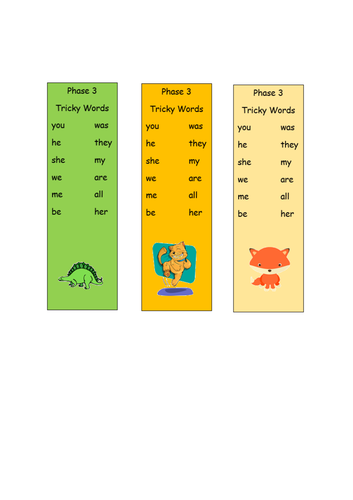 Phase 3 Tricky words and High Frequency words Bookmarks or Table mats ...