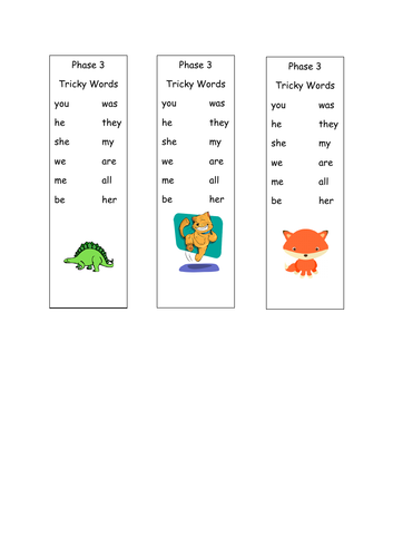 Phase 3 Tricky words and High Frequency words Bookmarks or Table mats ...