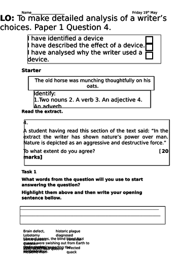 AQA Language Paper 1 Q4 link to Q5 | Teaching Resources
