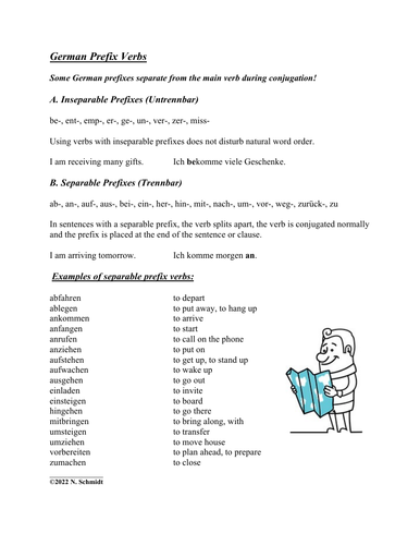 German Separable Prefix Verbs Handout, Reading + Worksheet - Trennbare ...