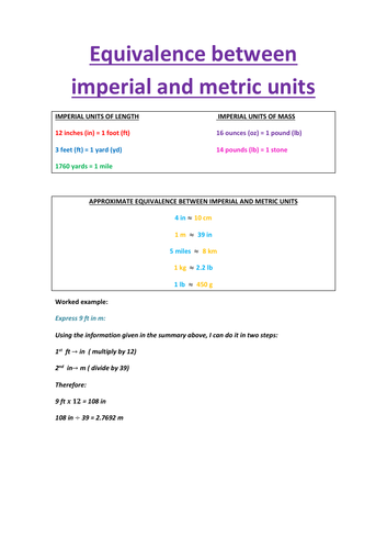 Equivalence between metric and imperial units of mass and length. With ...