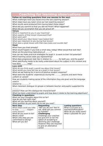 Coaching style questions for lesson observations | Teaching Resources