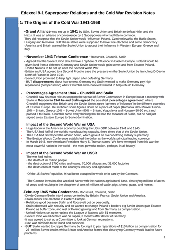REVISION SHEETS -Superpower Relations & the Cold War-Edexcel 9-1 ...