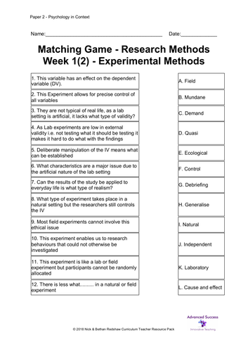 Activity - Matching Game - Research Methods - Week 1 (2) Experimental ...