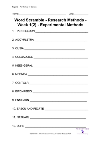 Activity - Wordscramble - Research Methods - Week 1 (2) Experimental ...